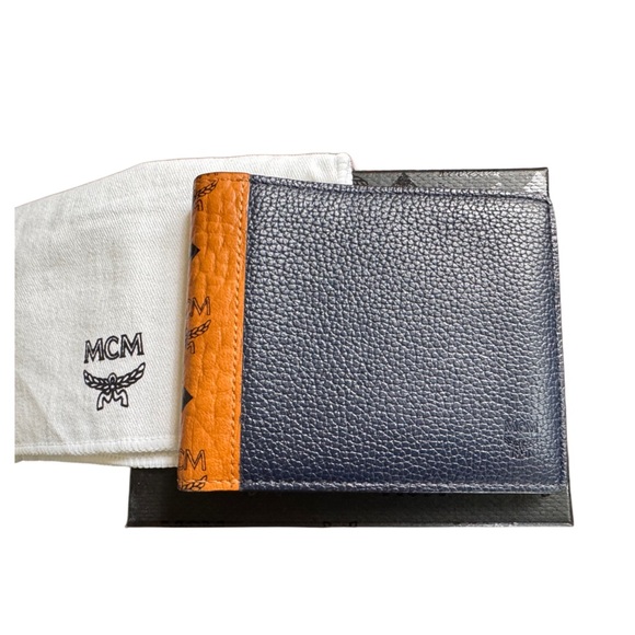 MCM | Bags | Mcm Bifold Wallet In Visetos Cognac And Navy Blue New In ...
